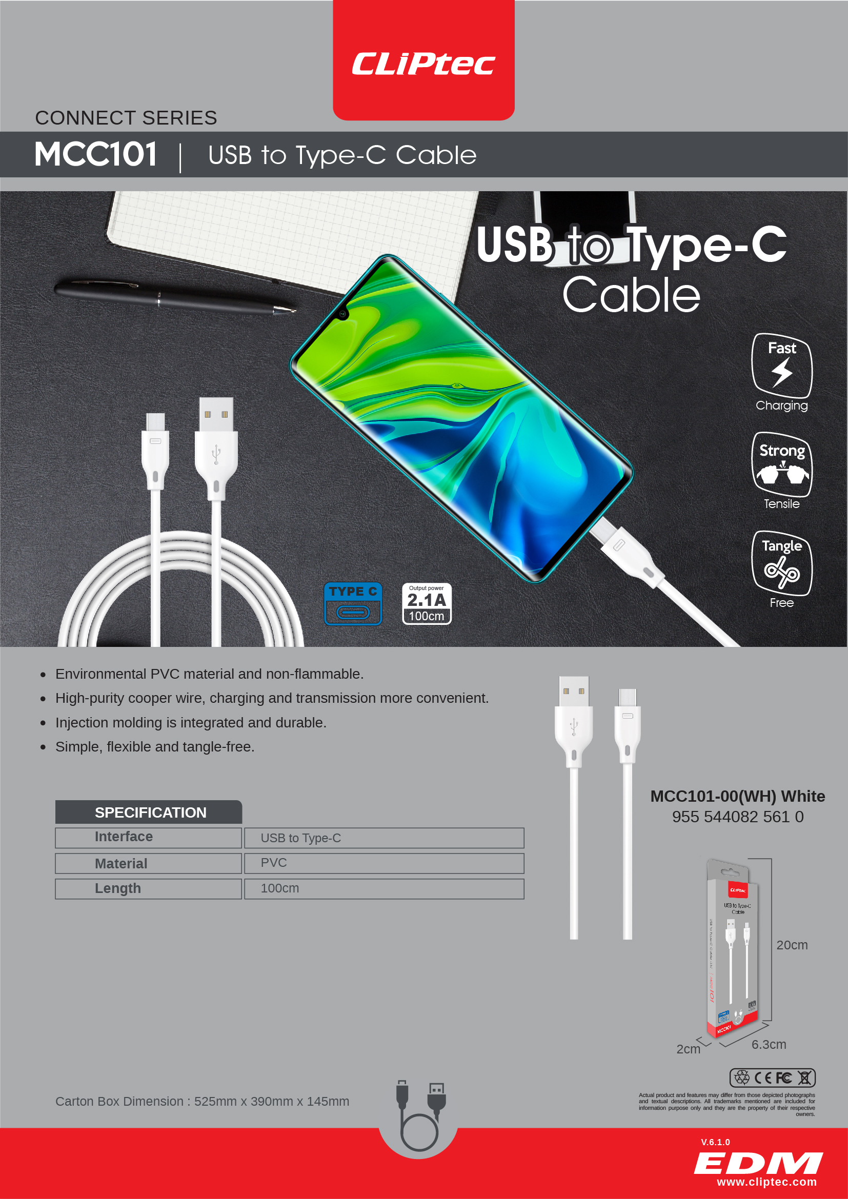 CLIPTEC MCC101 USB TO TYPE-C CABLE 1M - WHITE