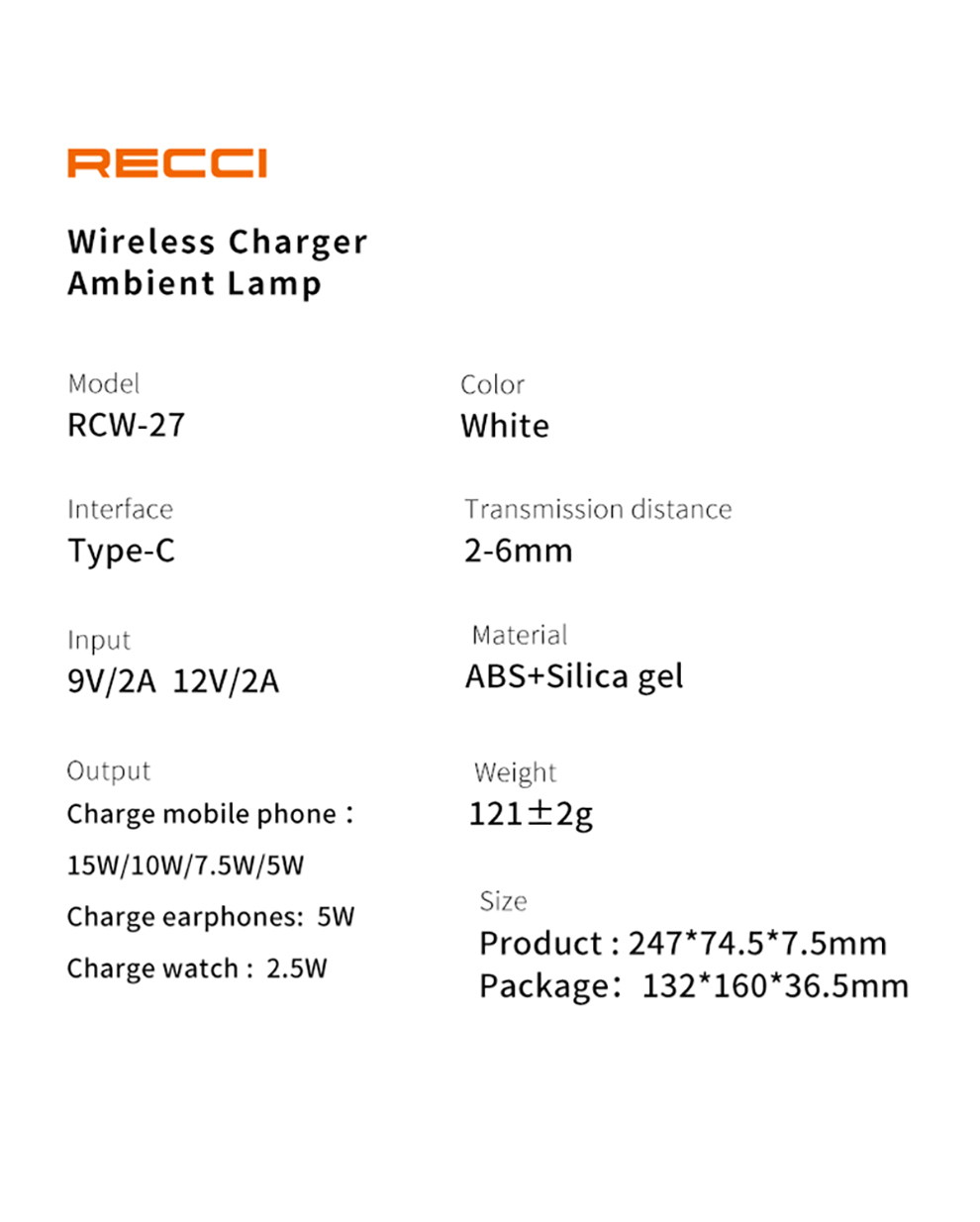 RECCI RCW-27 3 IN 1 NIGHT LIGHT 15W WIRELESS CHARGER - WHITE