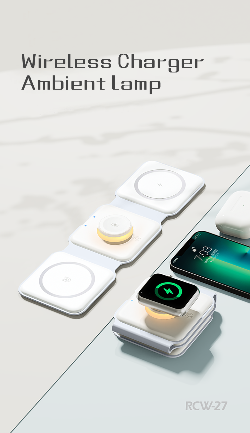 RECCI RCW-27 3 IN 1 NIGHT LIGHT 15W WIRELESS CHARGER - WHITE